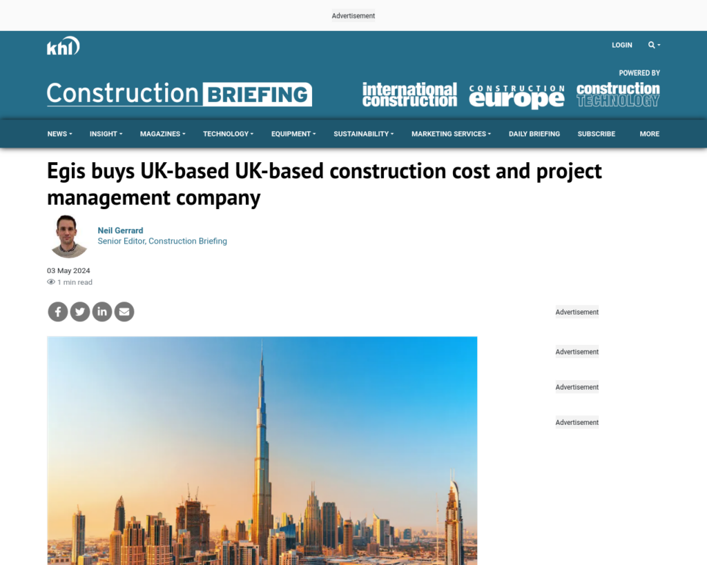 Egis が英国を拠点とする建設コストおよびプロジェクト管理会社を買収 – Construction Briefing - プロンプトハブ