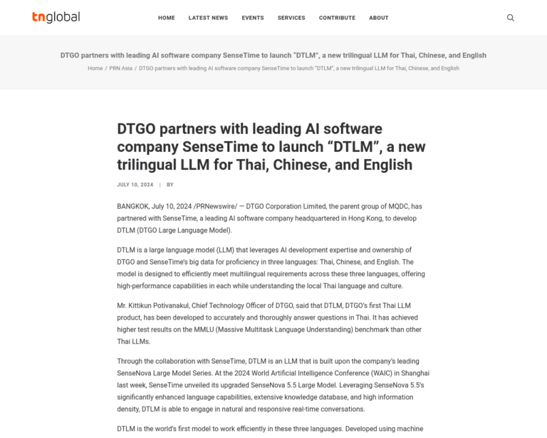 DTGO は大手 AI ソフトウェア企業 SenseTime と提携し、タイ語、中国語、英語の新しい 3 か国語 LLM「DTLM」を立ち上げました – TNGlobal - プロンプトハブ