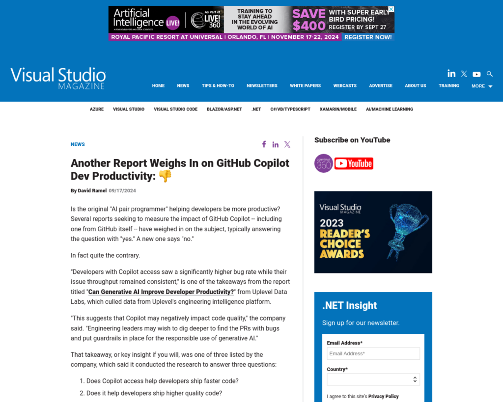 GitHub Copilot の開発生産性に関する新たなレポート: 👎 — Visual Studio Magazine - プロンプトハブ