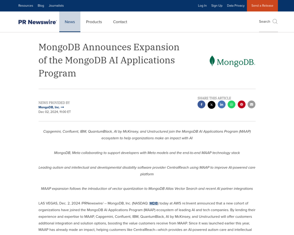 MongoDB、MongoDB AI アプリケーション プログラムの拡張を発表 - プロンプトハブ
